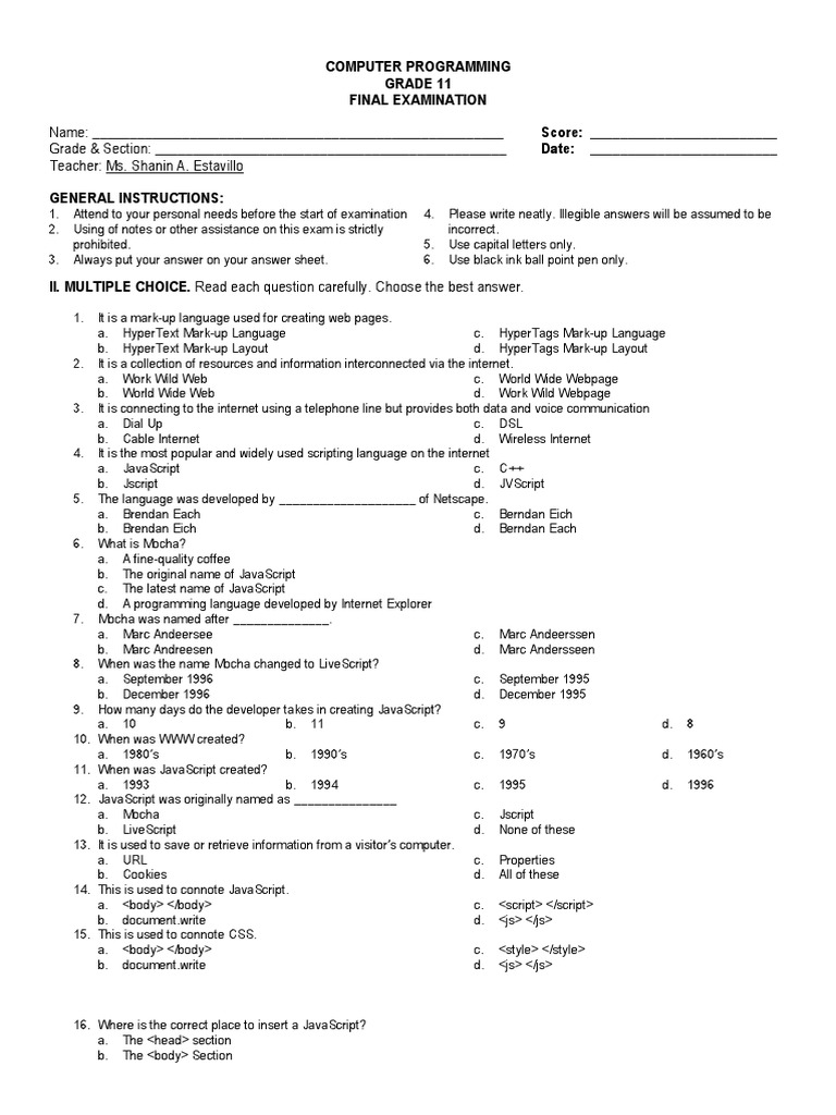 Computer Programming Exam | PDF | Java Script | Html Element