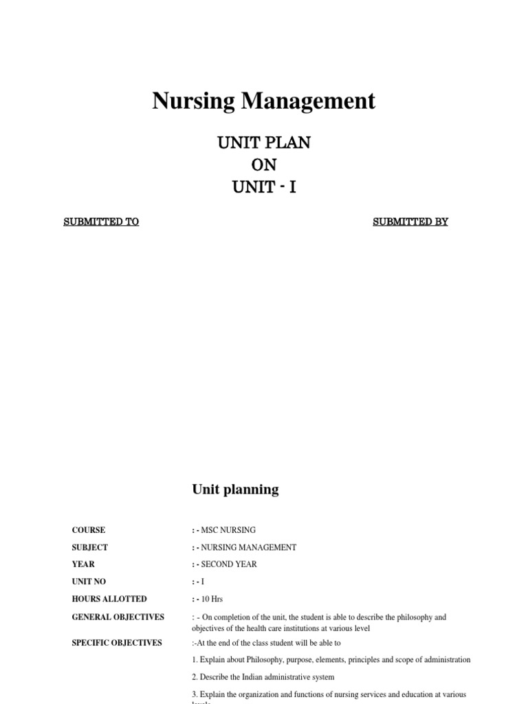 Nursing Management: Unit Plan ON Unit - I | PDF | Lecture | Nursing