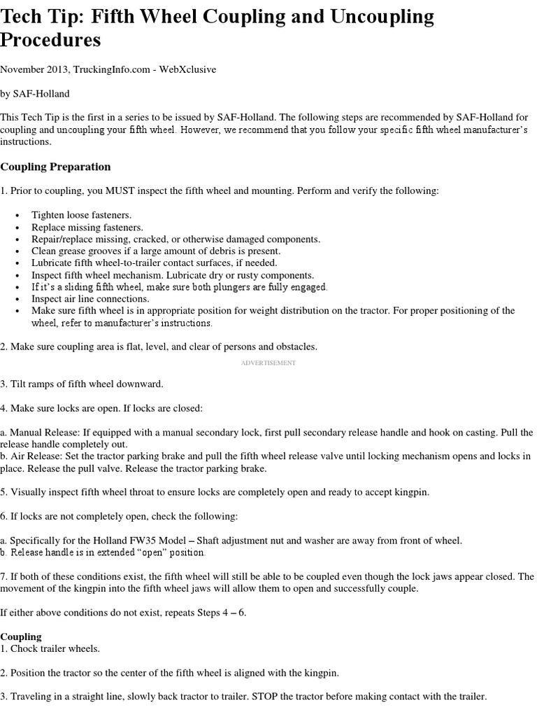 Fifth Wheel Coupling and Uncoupling Procedures | PDF | Trailer (Vehicle ...
