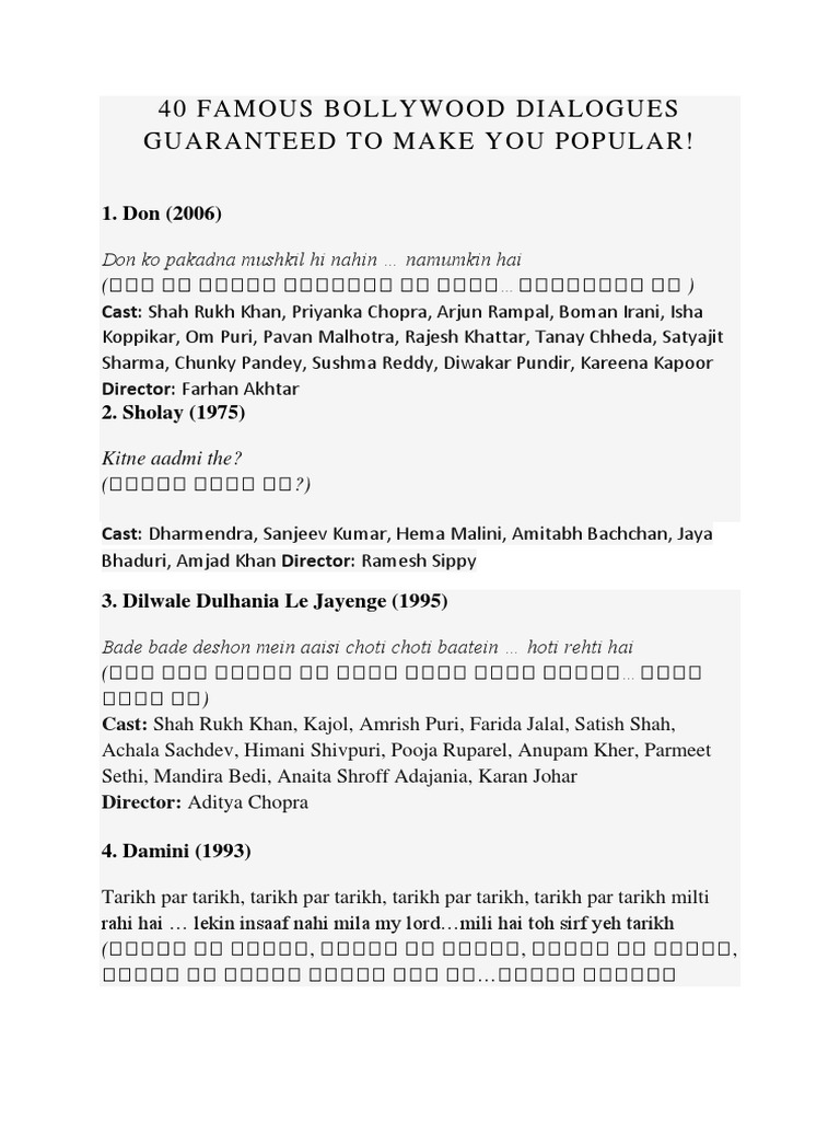 Iconic Bollywood Dialogues Collection | PDF | Bollywood | Film ...