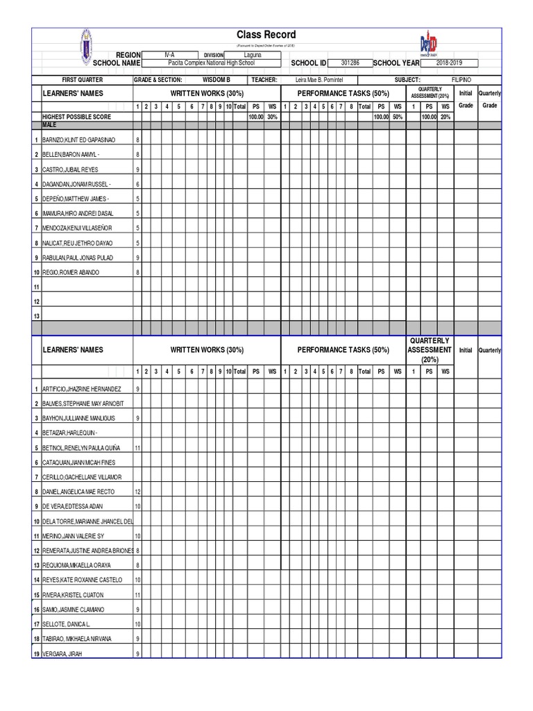 Class Record Printable | PDF | Southeast Asia | Philippines