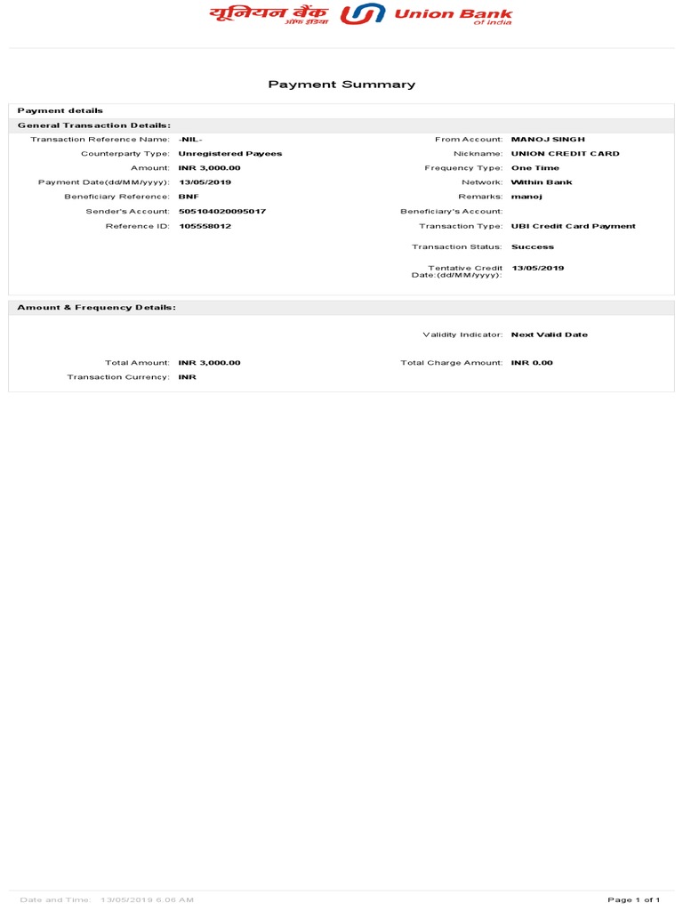 Union Bank Payment Summary | PDF | Payments | Financial Transaction