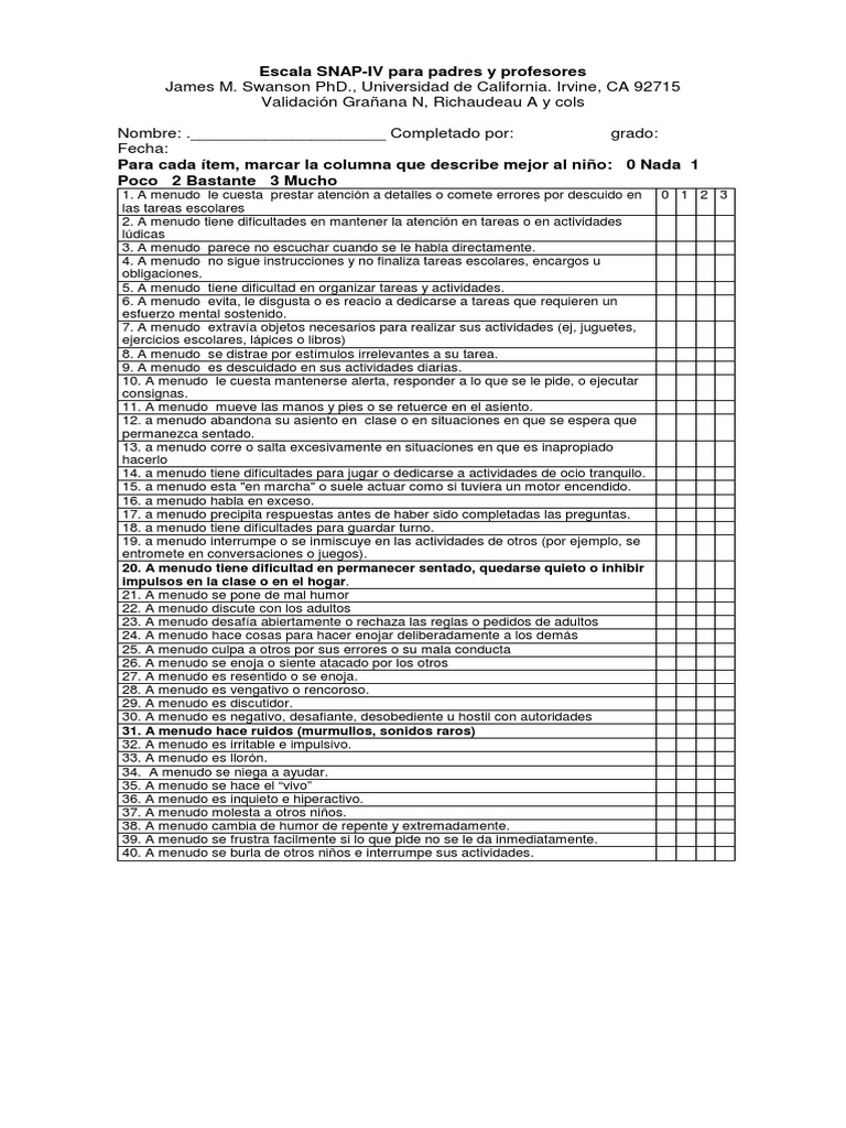 Snap Iv | PDF | Desorden hiperactivo y deficit de atencion | Las emociones