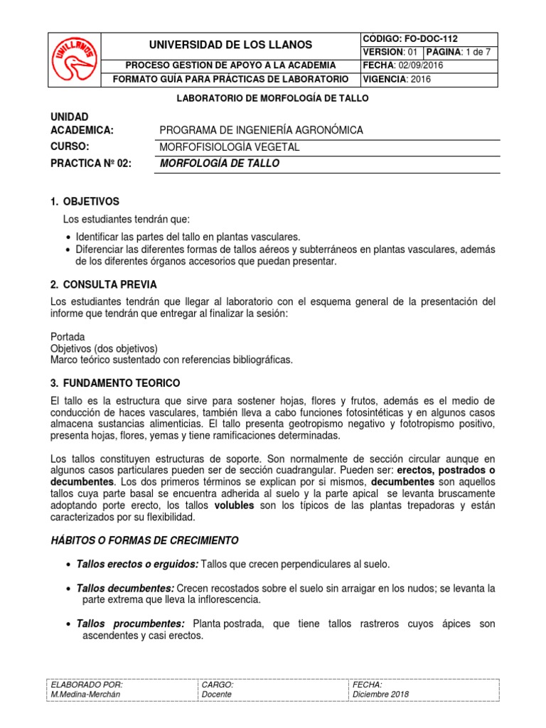 Fo-Doc-112 Formato Guia para Practicas de Laboratorio Tallo | PDF | Tallo de la planta | Hoja