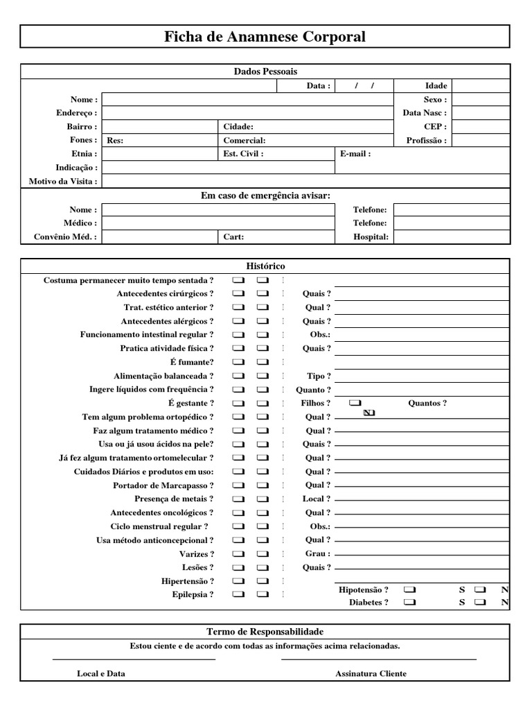 Ficha de Anamnese Corporal | Download grátis PDF | RTT | Remédio