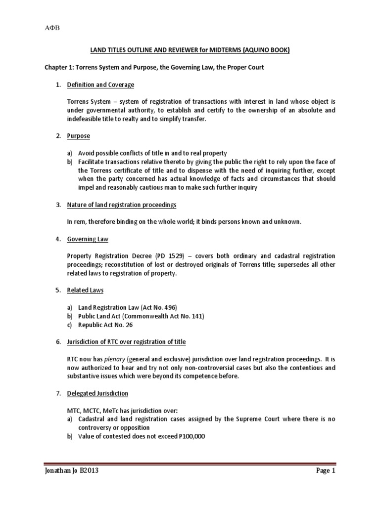 LAND TITLES OUTLINE AND REVIEWER For MIDTERMS Aquino PDF | PDF ...