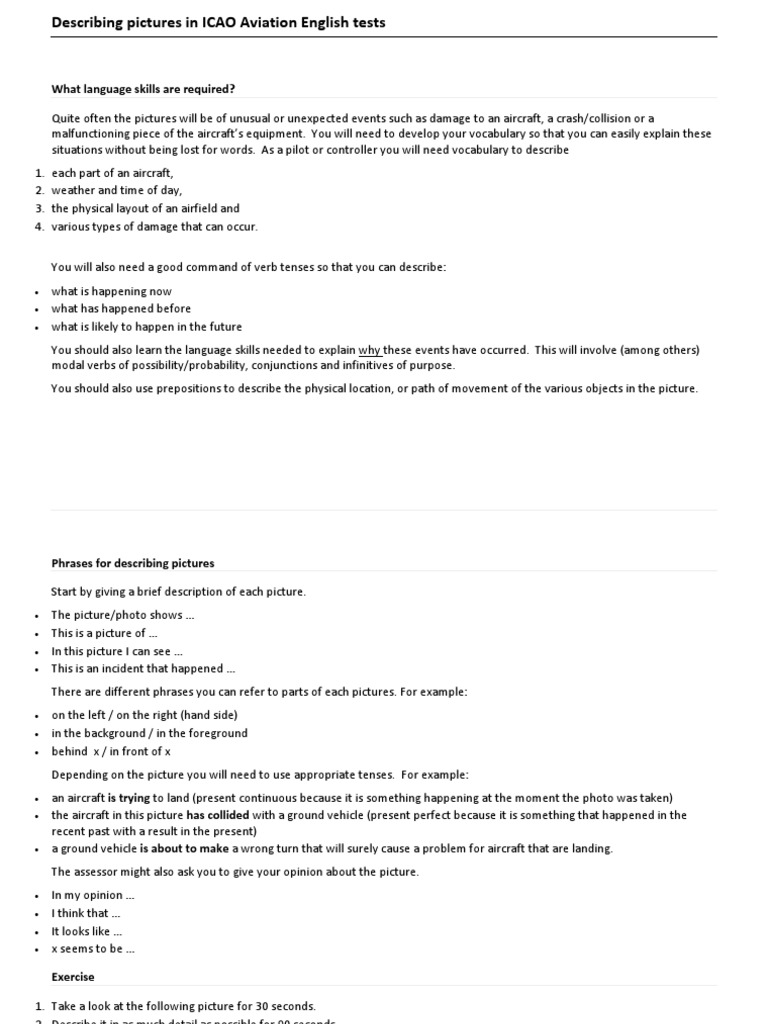 Describing Pictures in ICAO Aviation English Te | PDF | Question | Verb
