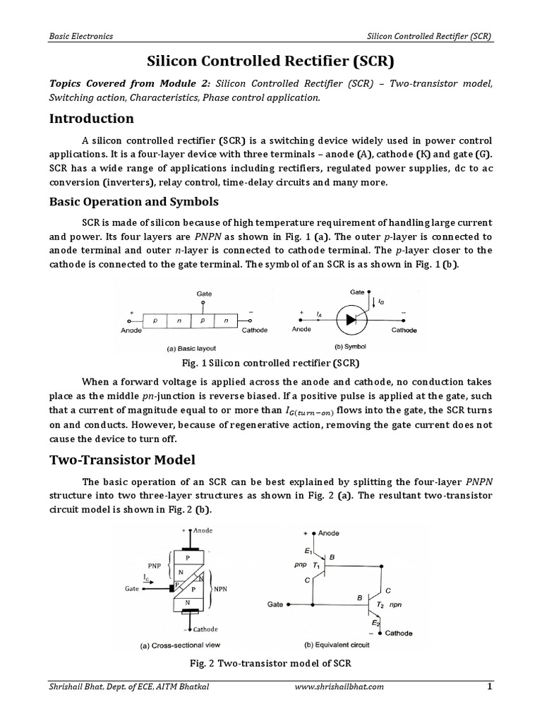 Basic Electronics (18ELN14/18ELN24) - Silicon Controlled Rectifier (Module 2) | PDF | Bipolar ...