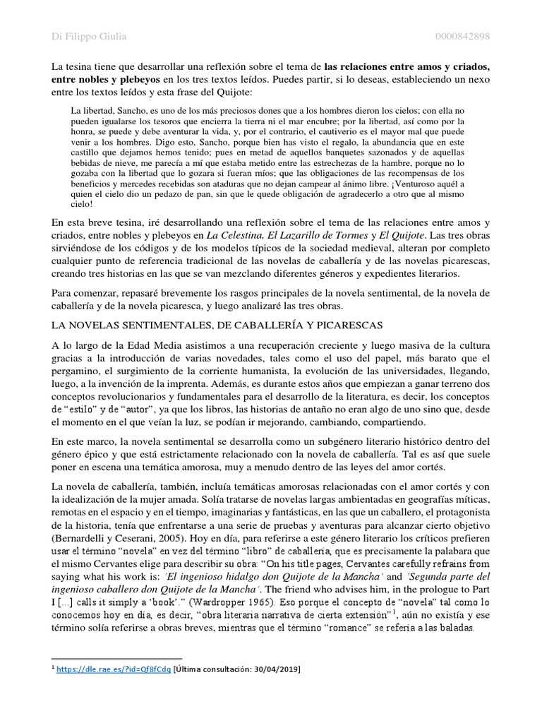 La relación entre amos y criados en La Celestina, Lazarillo de Tormes y Don Quijote | PDF | Don ...