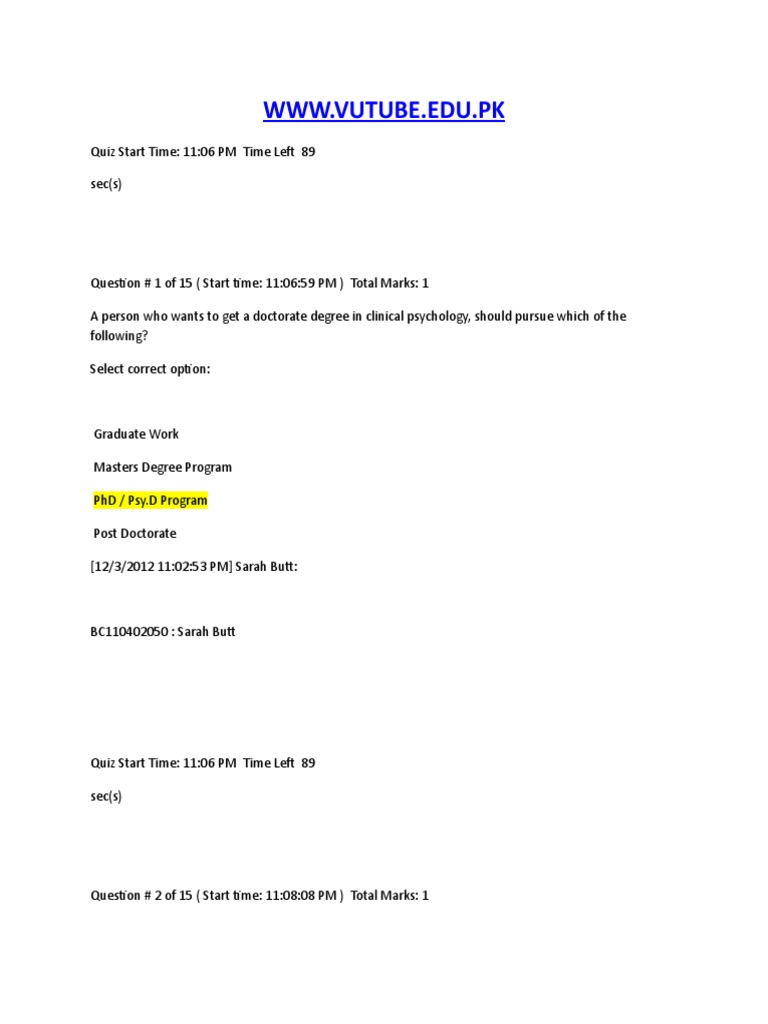 Clinical Psychology - PSY401 Quiz | PDF | Clinical Psychology ...