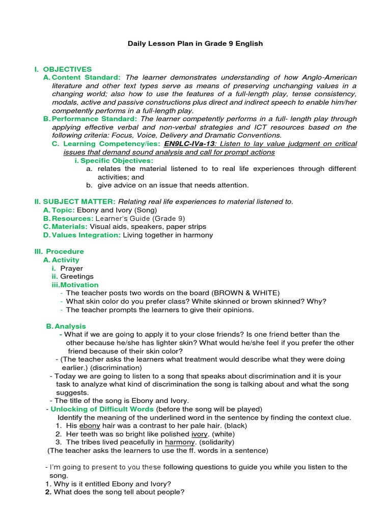 Daily Lesson Plan in Grade 9 English | PDF | Lesson Plan | English Language