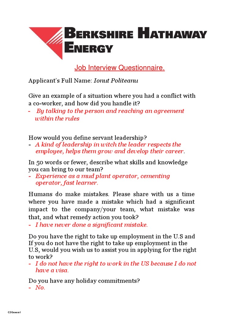 Job Interview Questionnaire | PDF | Employment | Job Interview