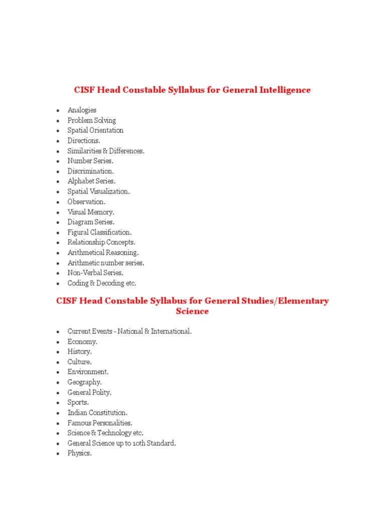 CISF Head Constable Ministerial Syllabus | PDF