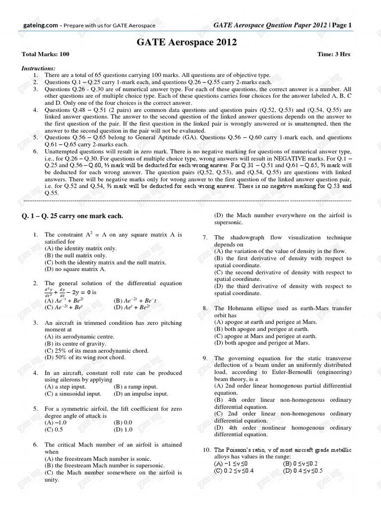 GATE Aerospace 2012 Paper | PDF | Flow Measurement | Lift (Force)