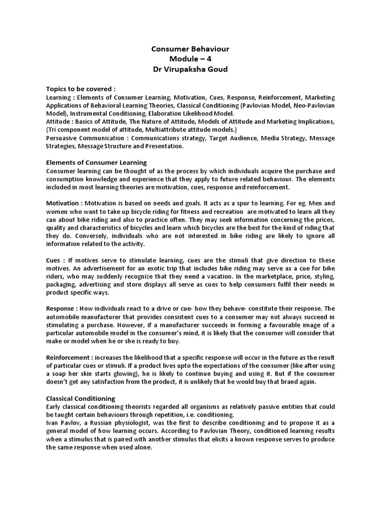 Consumer Behavior - Module 4 | PDF | Classical Conditioning | Attitude (Psychology)