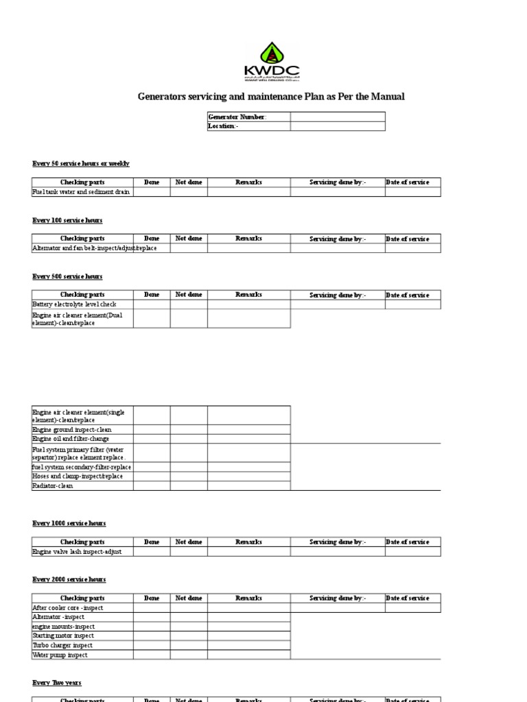Generators Servicing and Maintenance Plan As Per The Manual: Fuel Tank ...
