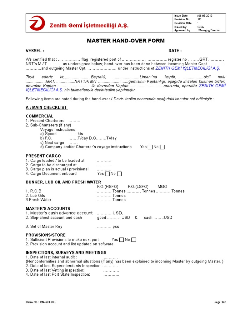 Master Hand-Over Checklist Form | PDF | Ships | Shipping