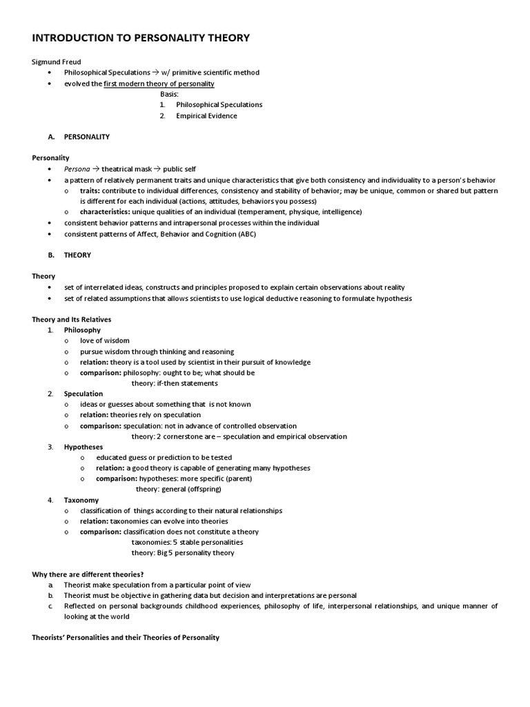 Theories of Personality Reviewer 1 | PDF | Personality Psychology | Id