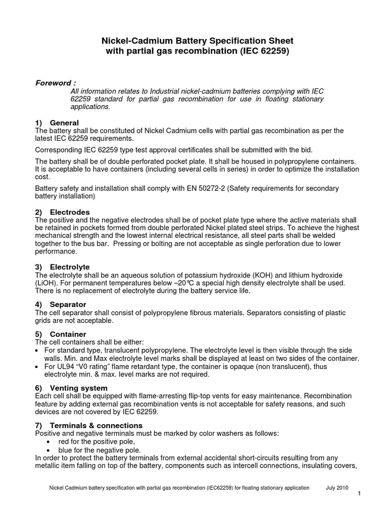 Battery Spec Sheet 62259 | PDF | Chemistry | Electricity
