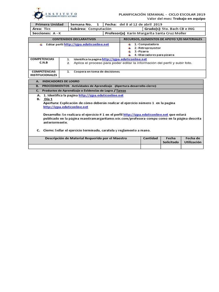 Planificación TICs Semana 1 5to Bach 2019 | PDF