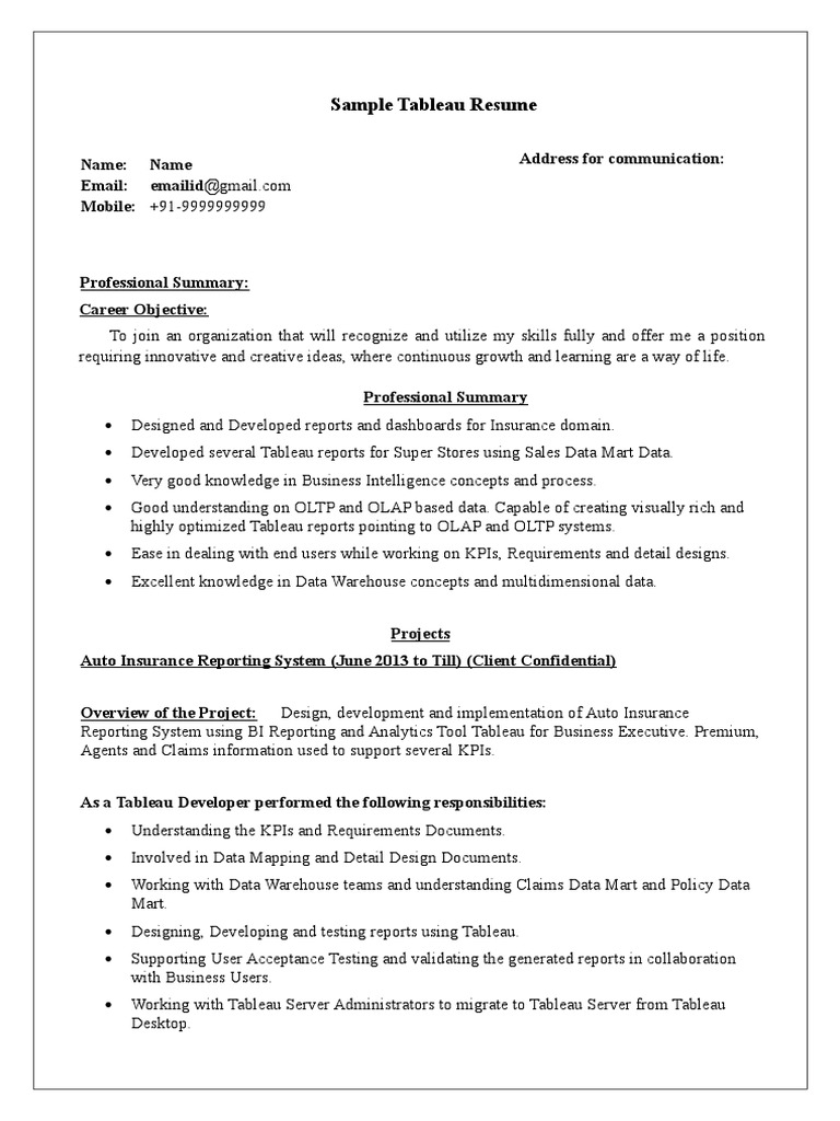 Tableau Developer Resume | PDF | Business Intelligence | Information ...