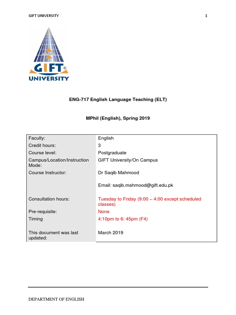 Course Outline - ELT MPHIL | PDF | Second Language Acquisition | Language Education