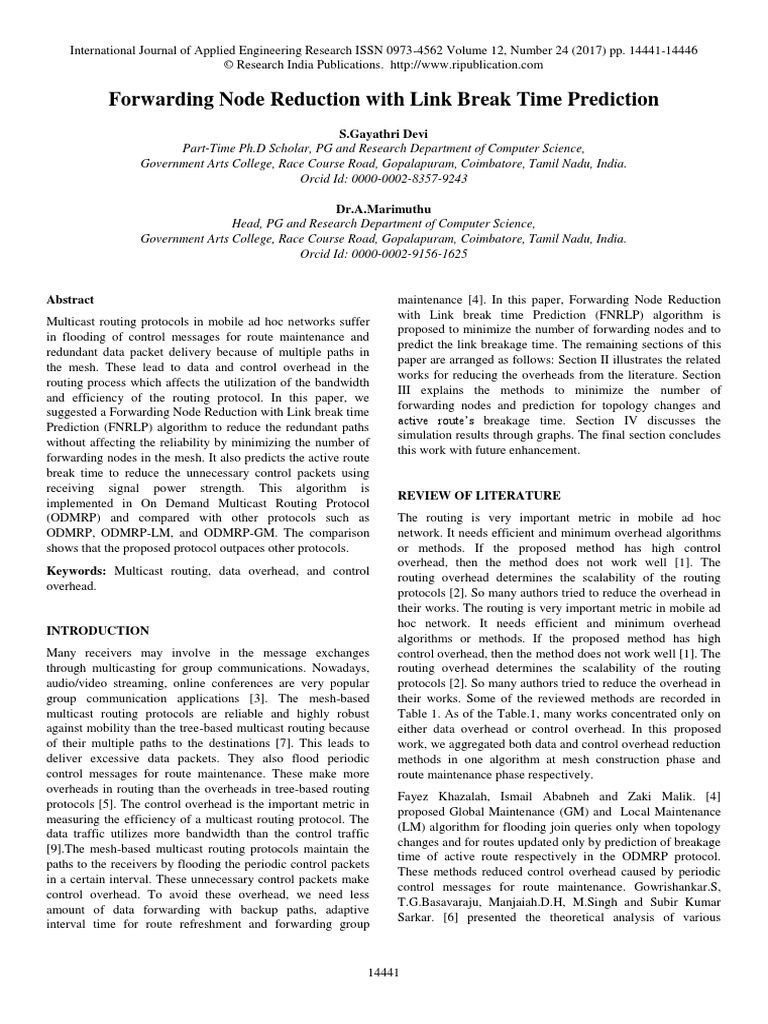 Forwarding Node Reduction With Link Break Time Prediction: S.Gayathri ...