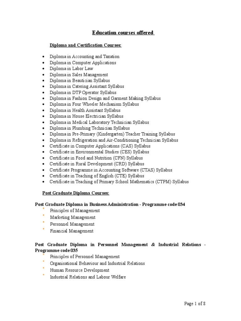 Education Courses Offered: Diploma and Certification Courses | PDF ...