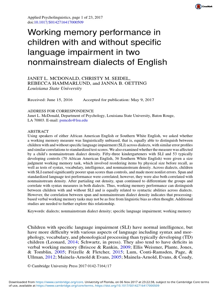 Working Memory Performance in Children With and Without Specific Language Impairment in Two ...