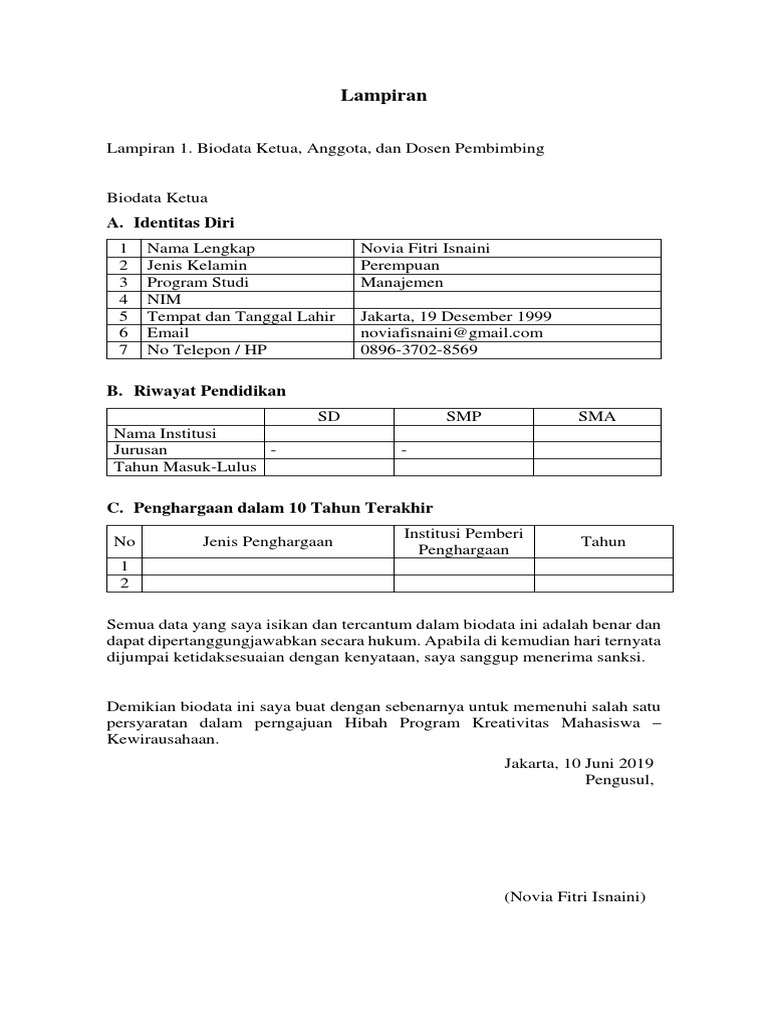 Contoh Biodata Proposal | PDF