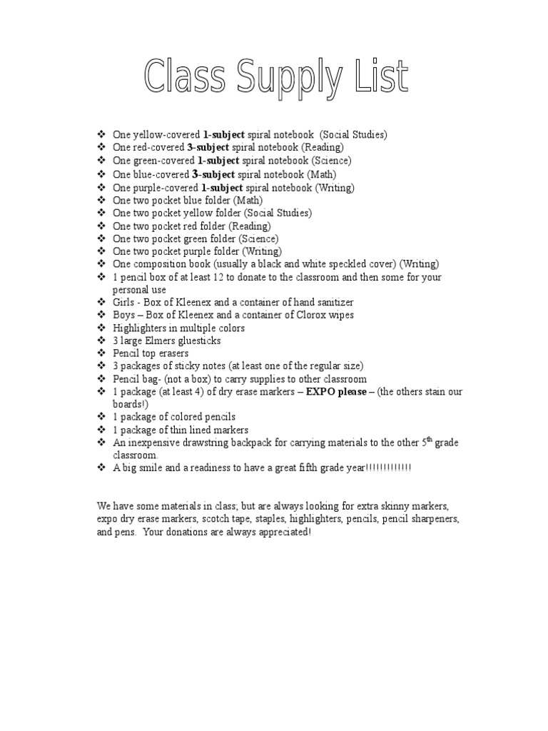 Students Supply List 2019-20 | PDF | Language Arts & Discipline ...