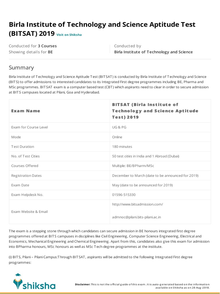 BITSAT 2019: Exam Details & Admission Guide | PDF | Sat | University ...