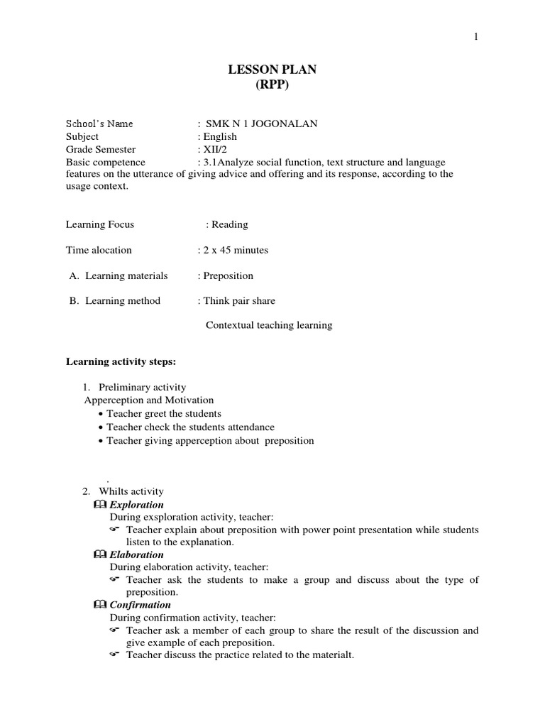Lesson Plan (RPP) : Learning Activity Steps | PDF | Preposition And ...