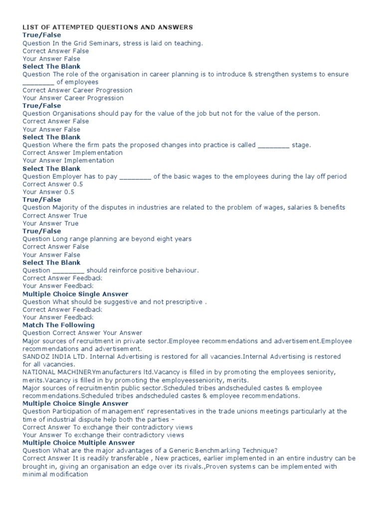 HR Quiz Questions and Answers Summary | PDF | Multiple Choice | Employment