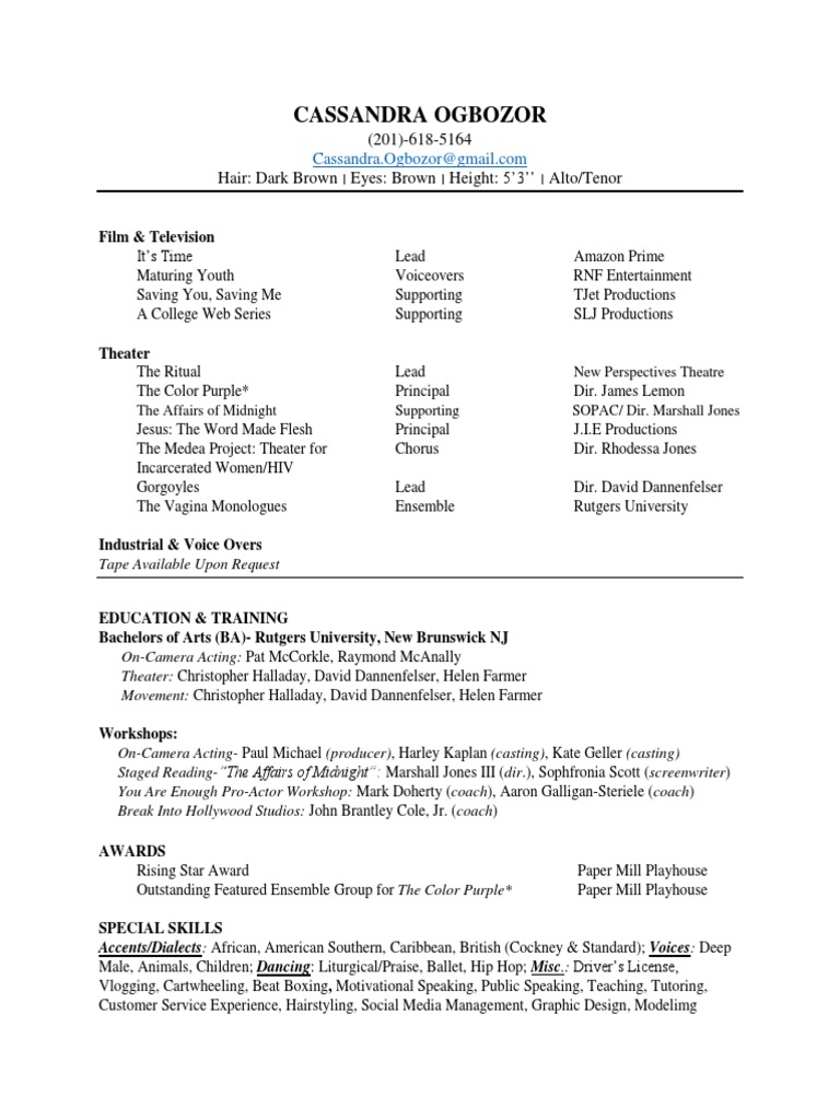 Cassandra Ogbozor Resume | PDF | Entertainment | Performing Arts