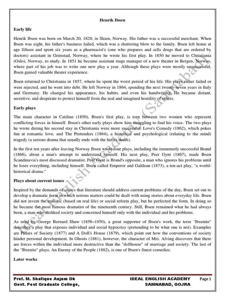 Henrik Ibsen Early Life: Prof. M. Shafique Anjum DK Ideal English ...