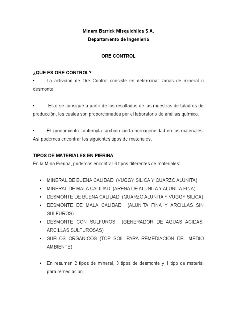 ORE CONTROL - Minera Barrick Misquichilca S | PDF | Muestreo ...