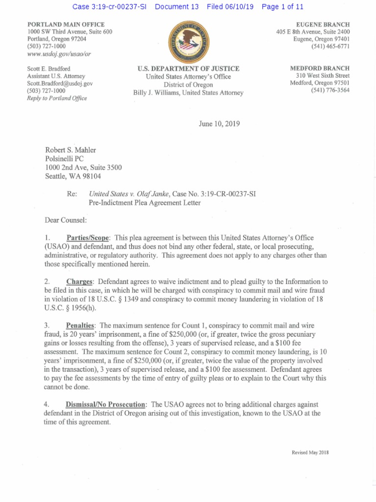 Olaf Janke Plea Agreement Letter | United States Federal Sentencing ...