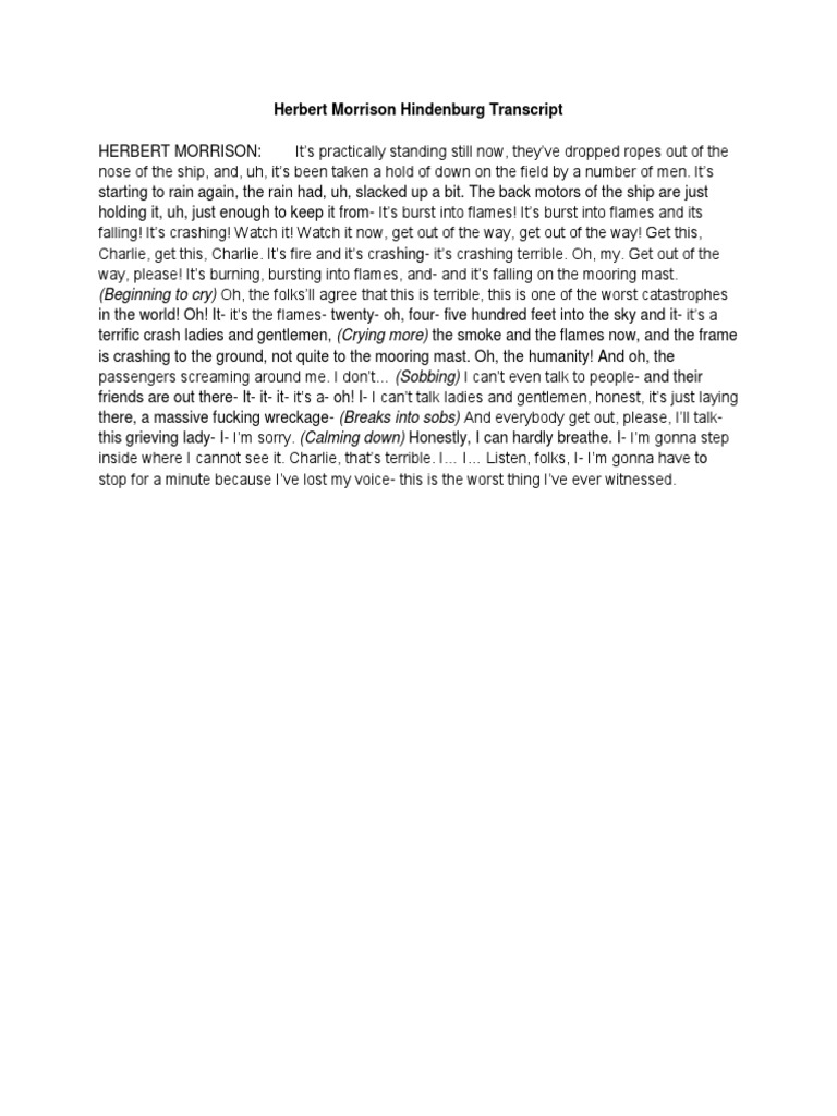 Herbert Morrison Hindenburg Transcript | PDF | Violence | Disaster And ...