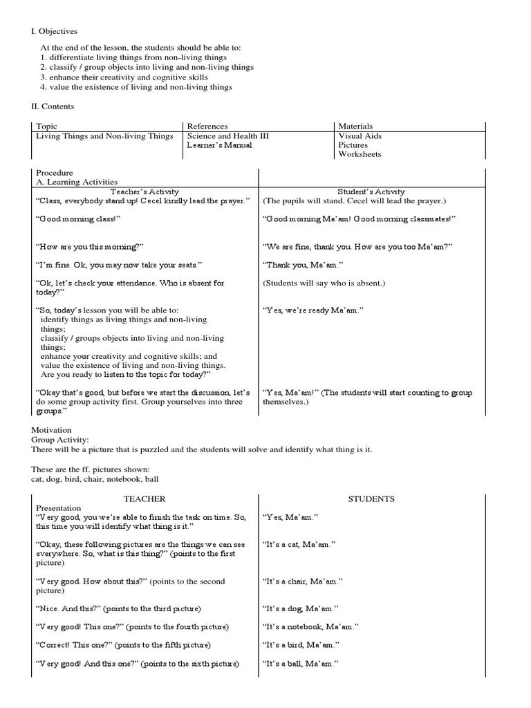 DETAILED LESSON PLAN Living Things and Non-Living Things | PDF | Lesson ...