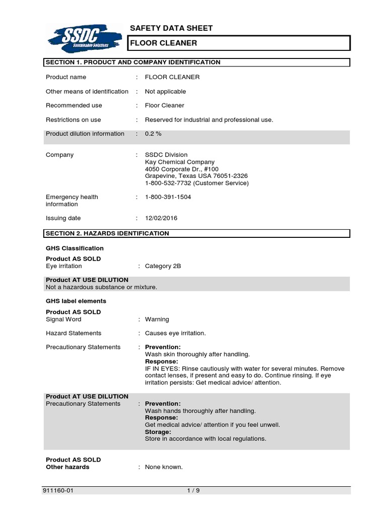 Safety Data Sheet Floor Cleaner | PDF | Toxicity | Dangerous Goods