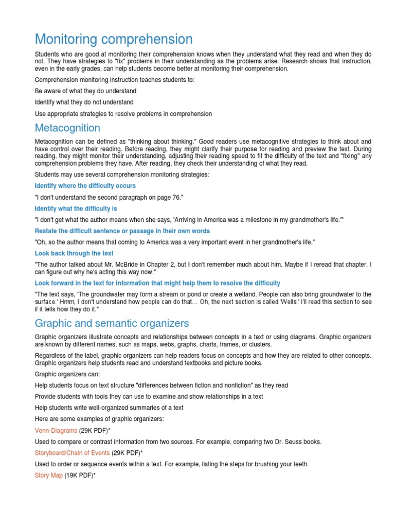 Monitoring Comprehension | PDF | Reading Comprehension | Question