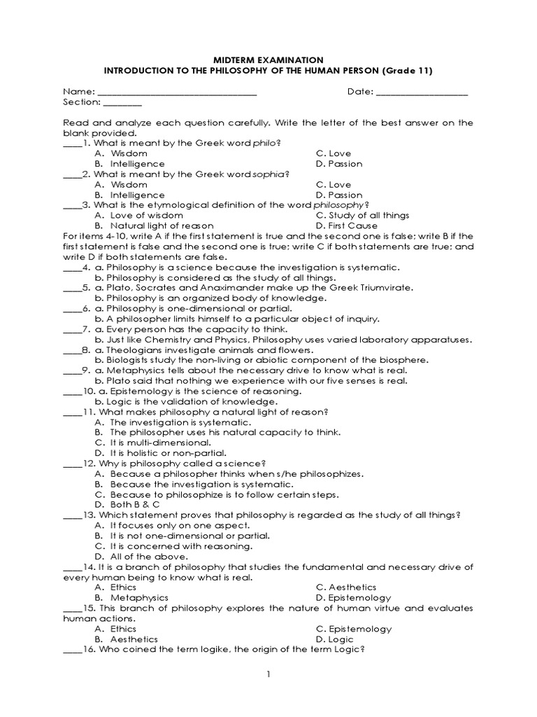 Grade 11 Philosophy Midterm Exam | PDF | Argument | Epistemology