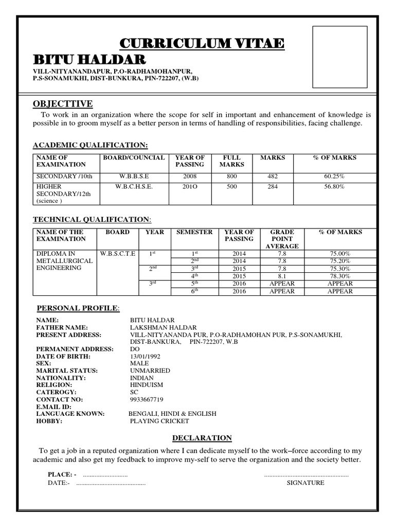 Curriculum Vitae Bitu Haldar: Objecttive | PDF | Educational Stages ...