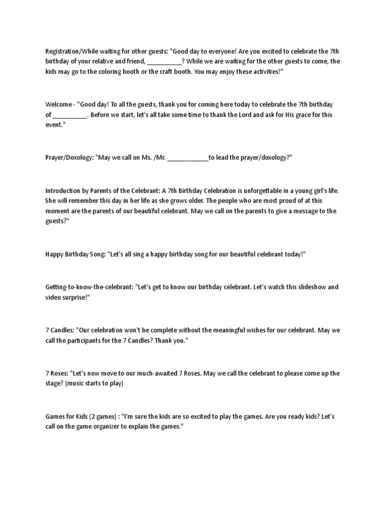 7th Birthday Script | PDF | Birthdays