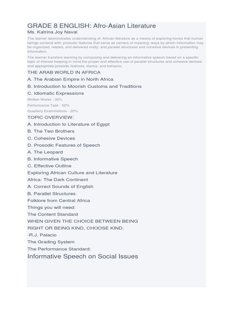 GRADE 8 ENGLISH: Afro-Asian Literature | PDF