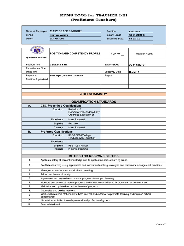 Rpms Tools Marias Version | PDF | Teachers | Learning
