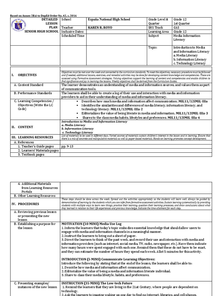 Detailed Lesson Plan Senior High School España National High School ...