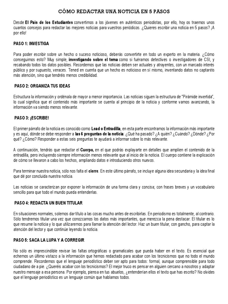Cómo Redactar Una Noticia en 5 Pasos | PDF | Información