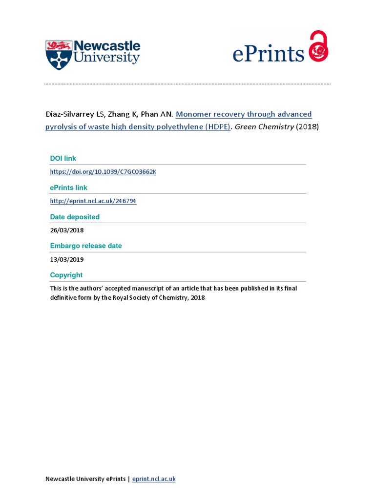 Monomer Cold Plasma Pyrolysis. | PDF | Plastic | Pyrolysis